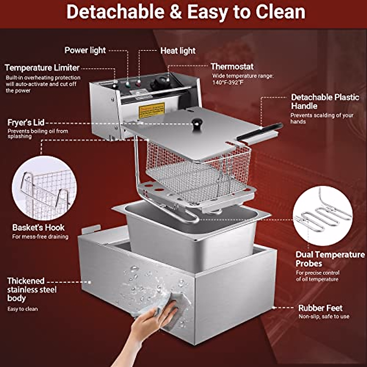 6.34Qt Deep Fryer with Basket for Restaurant or Home Use, Stainless Steel Commercial Countertop Single Tank Oil Frying Pot with Temperature Control & Timer, Perfect for Fried Chicken, Nuggets & Fries