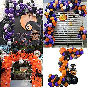 Bonropin Halloween Balloon Arch Garland kit with Agate Grey Black Orange Purple Balloons Spider Balloons, long balloon, 3D Bat Sticker for Halloween Theme Party Background Classroom Decorations