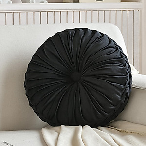 Teieas Round Throw Pillow Velvet Home Decoration Pleated Round Pillow Cushion for Couch Chair Bed Car Black