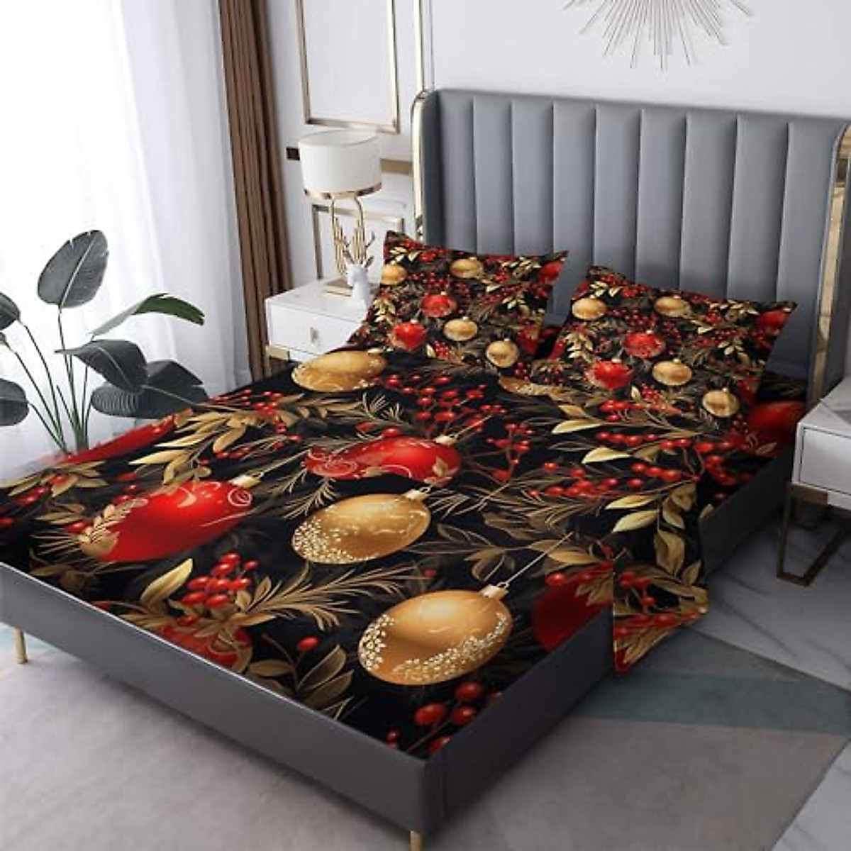 zcsm Christmas Balloon Sheets Full Size Sheet Sets - Xmas Holiday Bed Sheets, Soft Microfiber & Deep Pocket & Wrinkle Free Bedding Sheets & Pillowcases, 1 Fitted Sheet, 1 Flat Sheet, 2 Pillow Cases