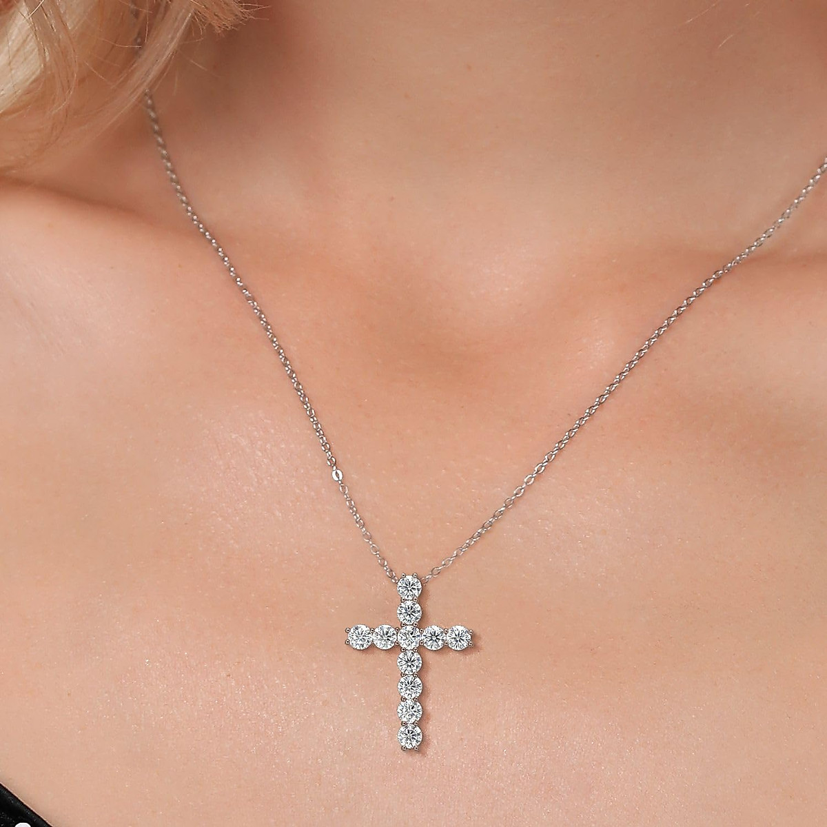 Gem Stone King Moissanite Cross Necklace | 925 Sterling Silver | 1.76 Cttw | 1 Inch | Jesus Christian Reiligous Crucifix Jewelry Pendant Necklace for Women | with 18 Inch Silver Chain
