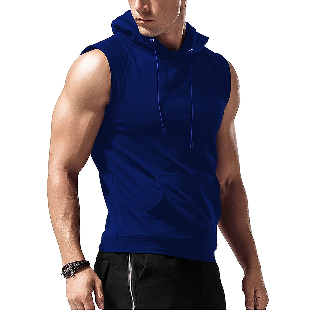 Aixdir Sleeveless Shirts for Men Casual Hoodie Tank Tops Gym Workout with Pocket Royal Blue L