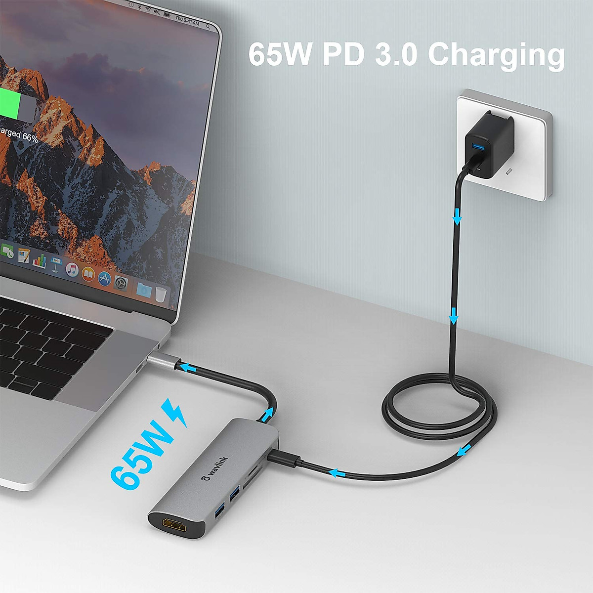 Wavlink USB C Hub, USB C to HDMI 4K@30Hz Adapter with 2 USB3.0 Ports, 65W PD Charging, SD/TF Card Reader, Type-C Mini Dock for iPad Pro/MacBook Pro 2016+/MacBook Air 2018+ and Type C Devices
