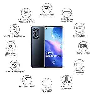 OPPO Reno5 Pro 5G Dual-SIM 128GB ROM + 8GB RAM (GSM only | No CDMA) Factory Unlocked 5G Smartphone (Starry Black) - International Version