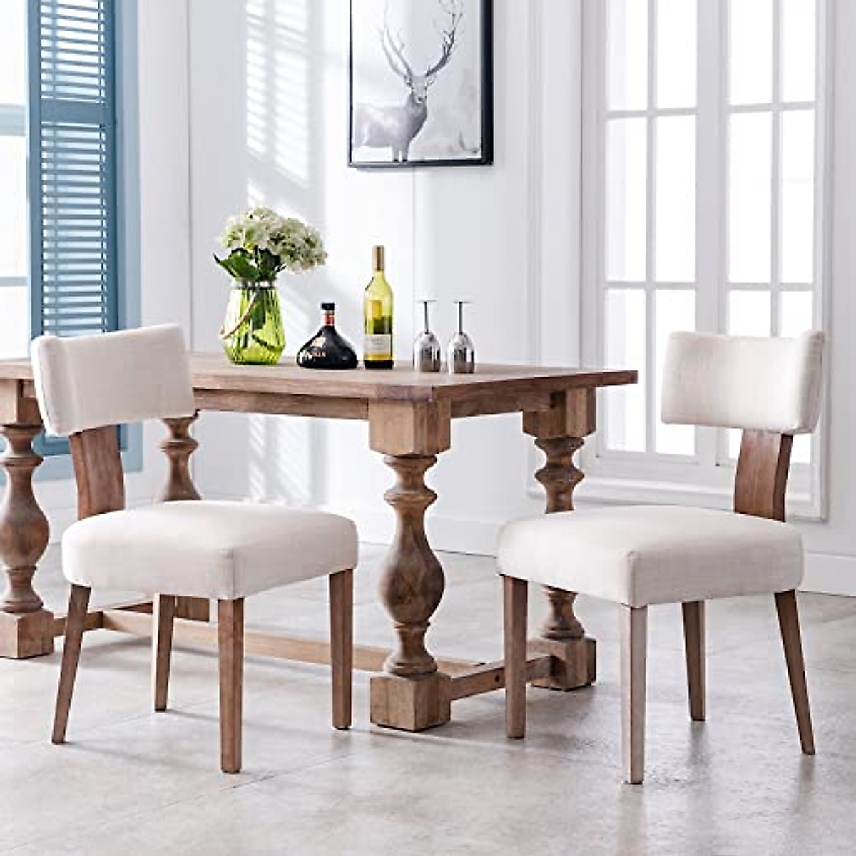 HNY Mid Century Modern Dining Chairs Set of 6, Farmhouse Linen Fabric Upholstered Accent Chairs Curved Backrest Kitchen Chairs, with Hardwood Frame, Beige, Linen-beige