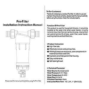 BLUONICS Sediment Water Pre-Filter Reusable Spin Down Filter for Whole House City and Well Water 40 Micron with both 1” + 3/4” NPT adapters included
