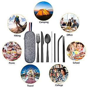 Matte Black Travel Utensils Set, E-far 8-Piece Metal Travel Silverware Portable Camping Reusable Cutlery Flatware Set Includes Knife, Fork, Spoon, Chopsticks, Straws - Charcoal Gray Case