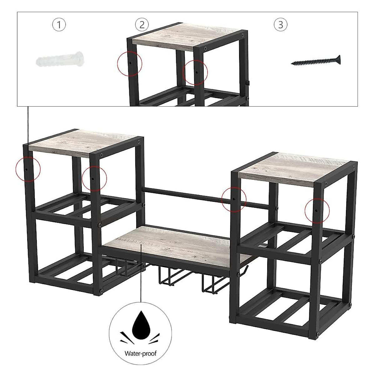 GiftGo Industrial Brown Wall Mounted Wine Rack with 3 Steam Glass Holder Partial Wood Shelf Black Metal Bottle Holder Multi Functional Wine Storage Display Rack for Home Bar Dining Room Kitchen