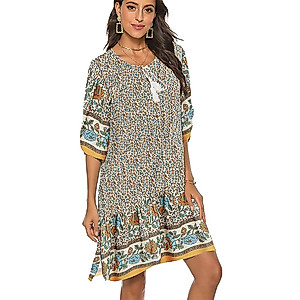 Women's Casual Floral Print Tie Neck Short Sleeve Summer Tunic Boho Dress Plus 2X Beige
