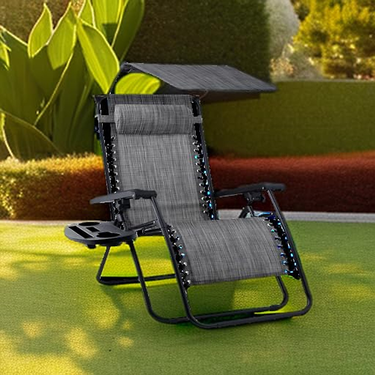 Best Choice Products Folding Zero Gravity Outdoor Recliner Patio Lounge Chair w/Adjustable Canopy Shade, Headrest, Side Accessory Tray, Textilene Mesh - Gray