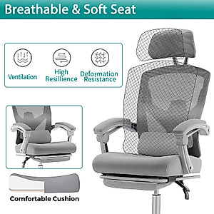 DUMOS Home Office Desk Chair with Footrest, High-Back Mesh Rolling Swivel Reclining Chairs with Wheels, Comfortable Headrest, Lumbar Support, Comfy Arms for Home, Office, Gaming, Student, Grey
