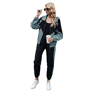 SweatyRocks Women's 2 Piece Outfits Long Sleeve Full Zip Jacket and Pants Tracksuit Set Green Black L