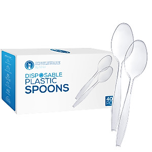 NYHI Premium Heavyweight Disposable Clear Spoons Heavy Duty Sturdy Plastic Flatware Set For Home Office Parties School Picnics Restaurants 400 Pack