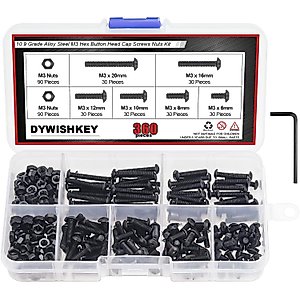 DYWISHKEY 360 Pieces M3 x 6mm/8mm/10mm/12mm/16mm/20mm, 10.9 Grade Alloy Steel Hex Button Head Cap Bolts Screws Nuts Kit with Hex Wrench