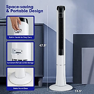 COSTWAY Tower Fan with Remote Control, Portable 47.5-Inch Standing Floor Fan with 80˚ Oscillating, 15H Timer, 3 Modes and 3 Speeds, Quiet Bladeless Fan for Bedroom Living Room Office, White