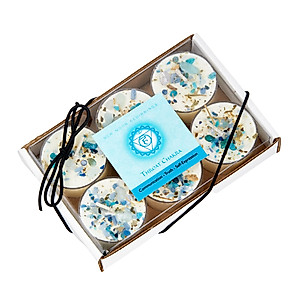 Throat Chakra Candle by New Moon Beginnings - Chakra Candles - Dried Flower, Herb, & Crystal Candles - Aromatherapy Candles - Soy Candle - Set of 6 Tealights