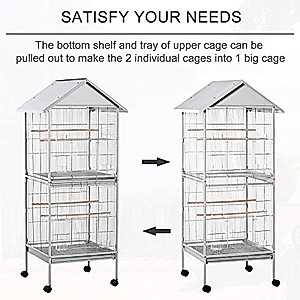 PawHut Wrought Metal Bird Cage Feeder with Rolling Stand Perches Food Containers Doors Wheels 67" H, White