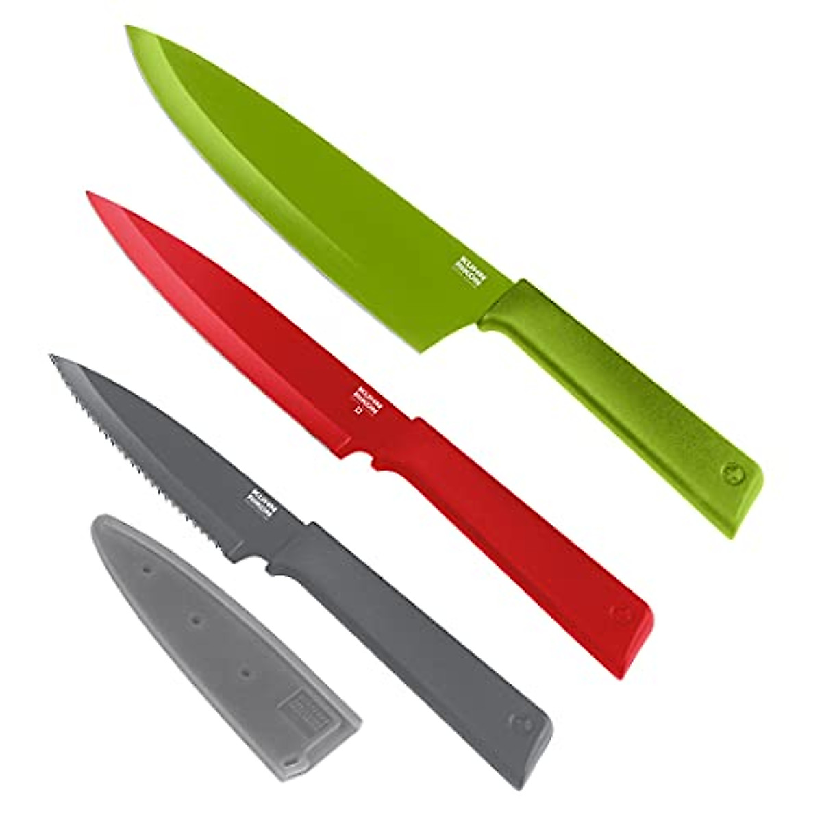 KUHN RIKON COLORI+ Mixed Knife Set with Non-Stick Coating and Safety Sheaths, Set of 3, Green, Red and Graphite Grey