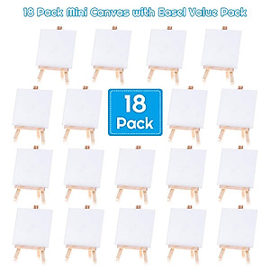 Mini Canvases 18 Pack, Cridoz Small Painting Canvas with Mini Easel 4x4 Inches Art Canvases Painting Kit for Kids Teenagers Acrylic Pouring Oil Water Color