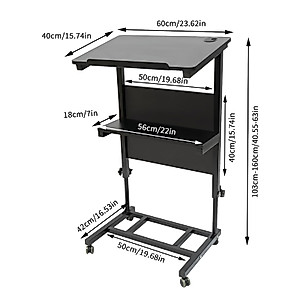 Mobile Stand Up Lectern Podium with Wheels, Portable Heavy Duty Height Adjustable Desk, Ergonomic Ambidextrous Steel Frame for Church Pulpit, Classroom Lecture Speech (Black)