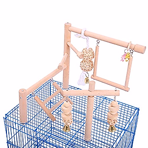 QBLEEV Bird Cage Play Stand Toy Set-Birdcage Wood Stands Hanging Chew Toys Ladder Swing Parrot Perch Play Gym Playground Accessories Activity Center for Conure, Parakeets, Budgie, Cockatiels,Lovebirds
