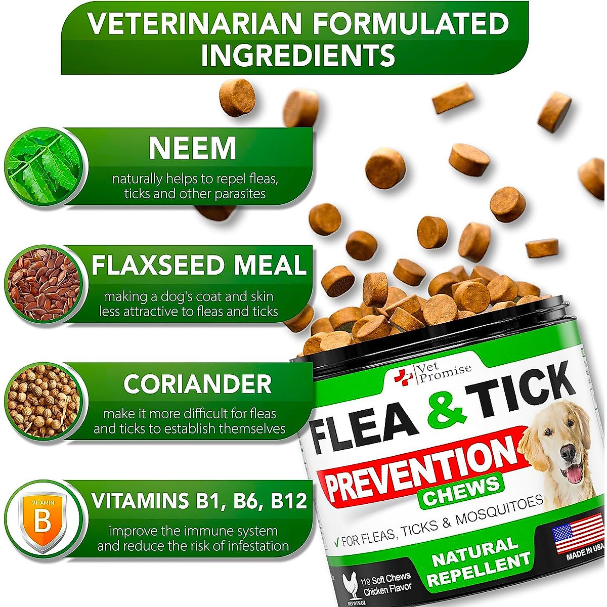 Flea and Tick Prevention for Dogs Chewables - Natural Dog Flea and Tick Treatment - Flea and Tick Chews for Dogs - Oral Flea Pills for Dogs Supplement - All Breeds and Ages - Made in USA
