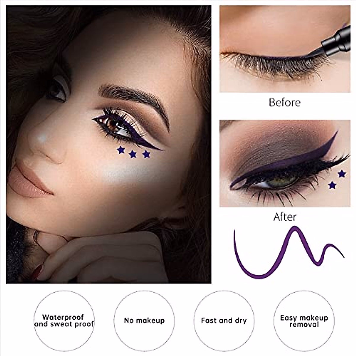 Erinde 6 Colors Double-headed Liquid Eyeliner Stamp Pen Set, Blue Red Pink Purple Green Black Colorful Winged Eye Liners for Women, Waterproof Long-Lasting Star Moon Heart Eye Face Makeup