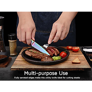 WELLSTAR Utility Knife, 4 Inch Serrated Paring Knife with Super Sharp Rainbow High Carbon Stainless Steel Blade for Fruit Vegetable Cutting Peeling Slicing