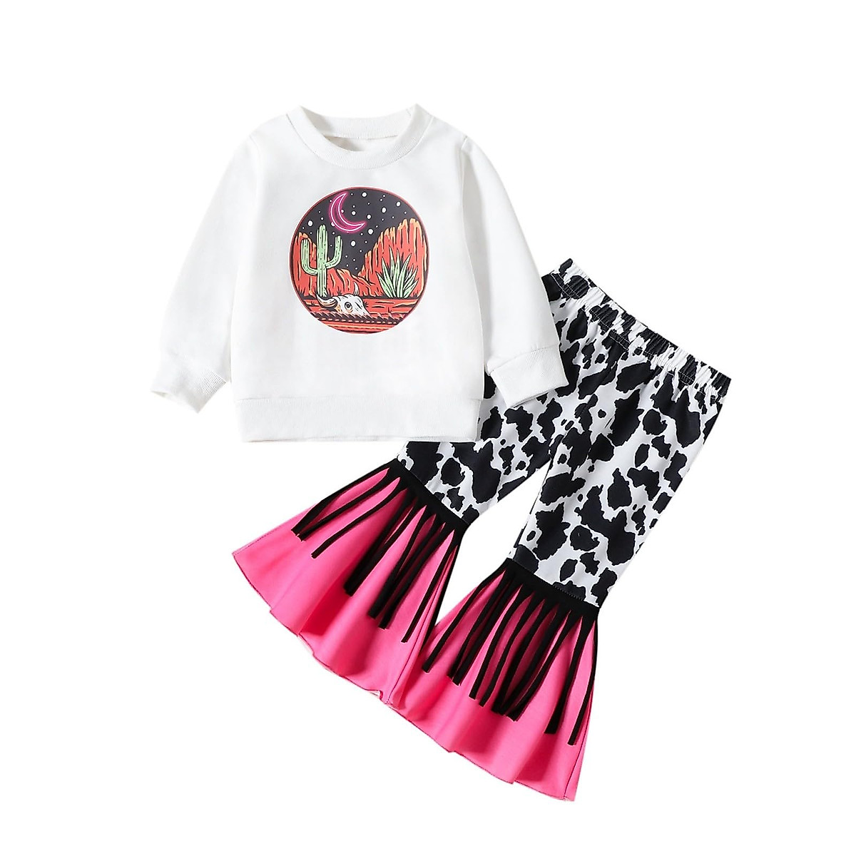 Pack Baby Swaddles Children's Clothing Autumn Western Girls Cartoon Bull Head Sweater Tassel Flared Pants Crop