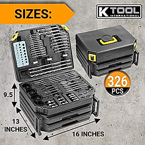 K Tool International 10330 Automotive Plastic/Steel/Wood Premium Drill Bit/Accessory Set for Garages, Repair Shops, and DIY, 16"x13"x9.5" Portable Carrying Case, (2) Folding Trays, Black, 326 Piece