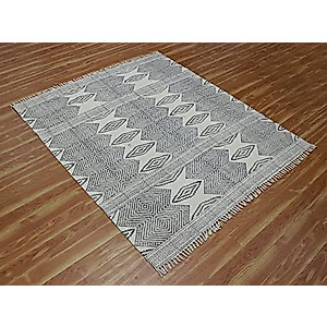 Casavani Hand Block Printed Cotton Dhurrie Geometric Gray & Beige Tassel Rug Easy Care Washable Rugs for Doormat Entryway Living Room Bedroom Hallway Balcony 2.6x10 Feet Runner