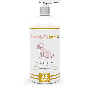 Buddy's Best, Salmon Oil for Dogs 32 oz Bottle with Pump - 100% Pure Norwegian Virtually Odorless Fish Oil - Omega-3 Supplements for Dogs & Cats - Promotes Healthy Skin and Coat - Dog Food Oil
