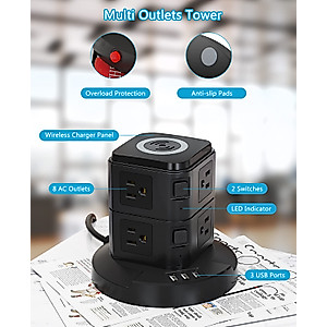Power Strip Tower Surge Protector, Extension Tower with Wireless Charging, Vertical Charging Station with 8 Plug 3 USB Ports, for Home Office Hotel Dorm,Black