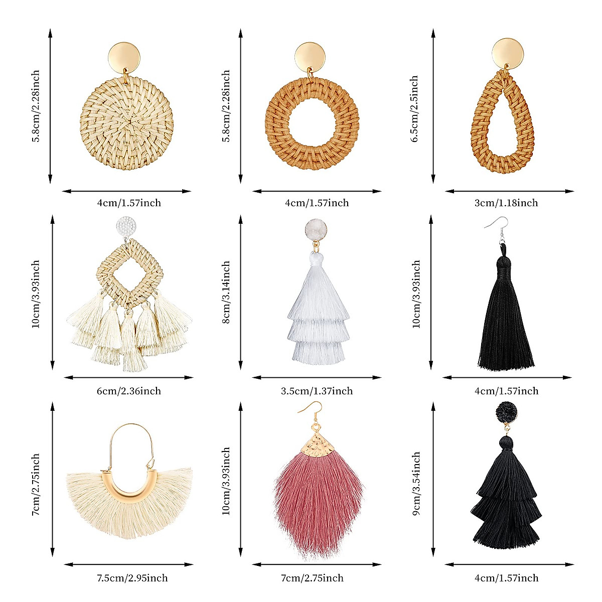 Hazms 9 Pairs Rattan Earrings for Women Lightweight Acrylic Geometric Statement Woven Earrings Handmade Straw Wicker Braid Hoop Drop Dangle Earrings