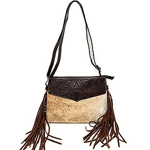 Texas West Handcrafted Genuine Leather Western Cowhide Womens Fringe Clutch Crossbody Bag in 2 Colors (Coffee)