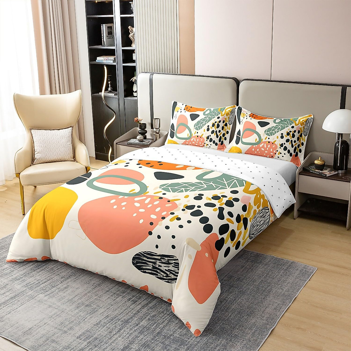 jejeloiu Kids Abstract Duvet Cover Set 100% Cotton Full Size, Geometric Bedding Set Stripes Geometry Comforter Cover Boys Girls Modern Art Luxury Teens Cotton Duvet Cover 3Pcs