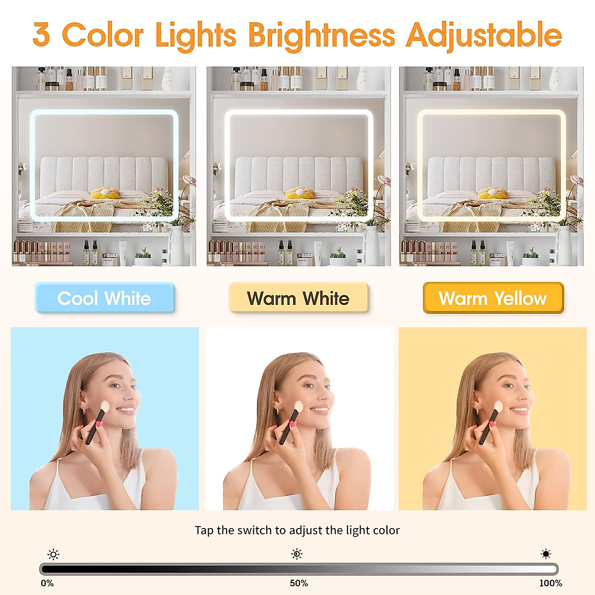 Vabches Small Vanity Desk Set with 3 Adjustable Lighted Mirror and Charger Station,White Makeup Vanity Desk for Small Space