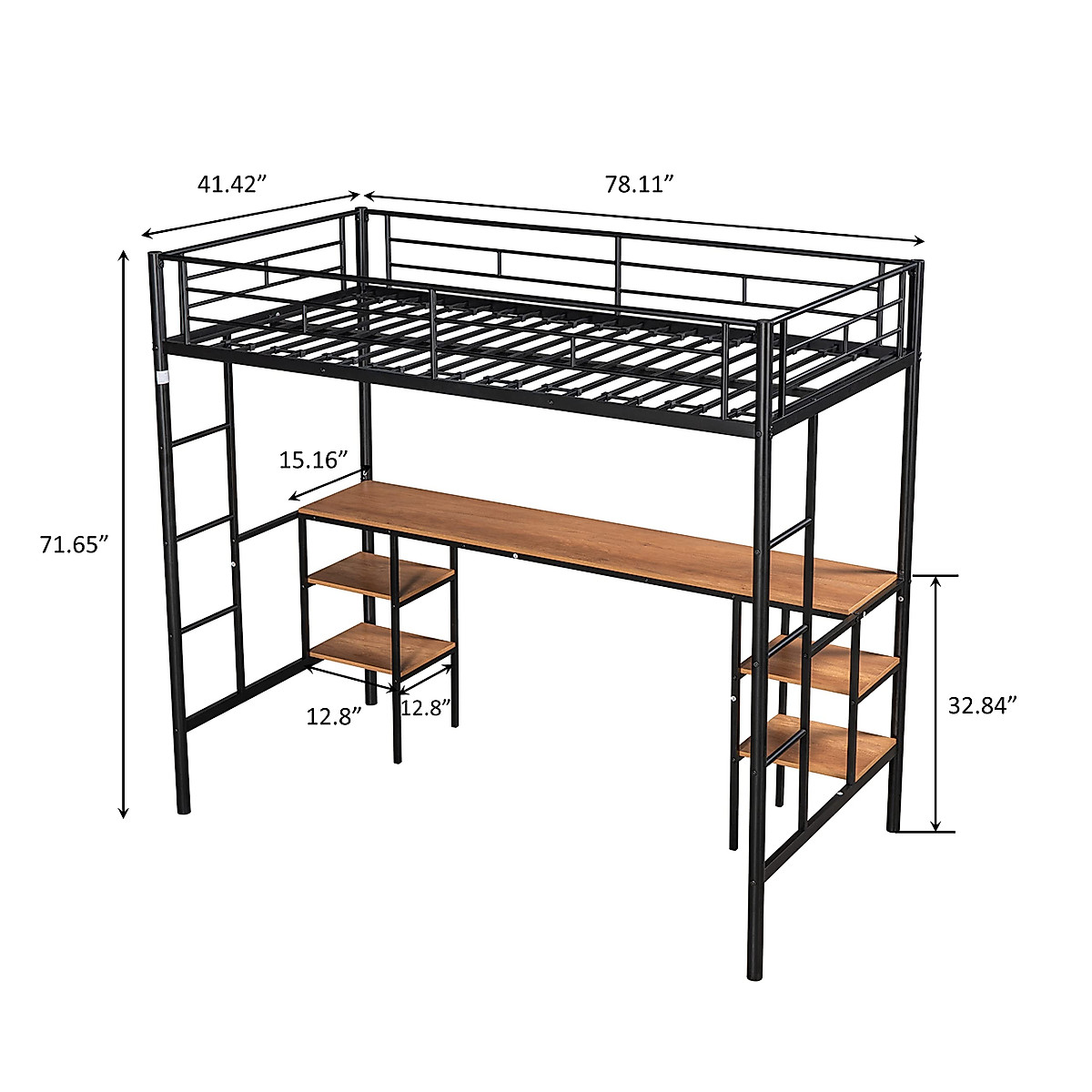 Metal Twin Loft Desk & Shelves/Metal Twin Loft Bed with Desk and Storage Shelves, Space-Saving Bed Frame with 2 Side Ladders and Safety Guard Rails for Kids Teens Adults,No Box Spring Needed