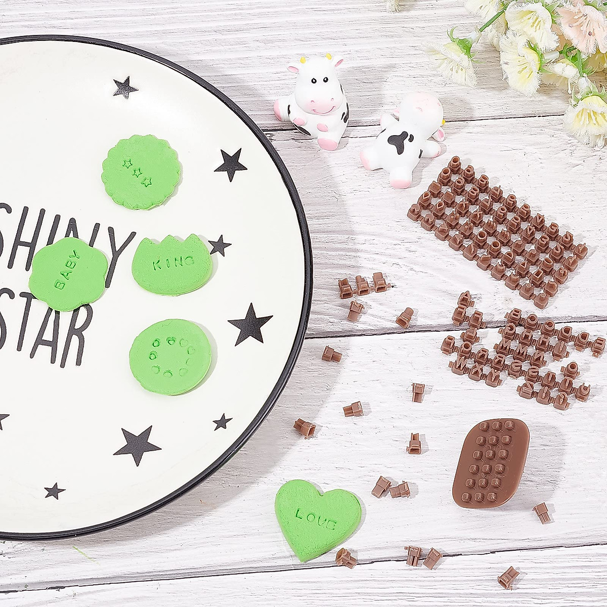 CRASPIRE Letter Stamps for Clay, Cookie Stamps Letters Brown Polymer Alphabet Clay Cutters Set Clay Texture Roller for Clay Cookie