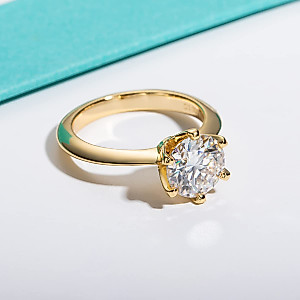 AnuClub 3ct Solitire Moissanite Engagement Ring For Women D Color Lab Diamond 14K Yellow Gold Plated Silver Ring, Christmas Gift for Women, Christmas Gift for Women With Certificate (7, 3)