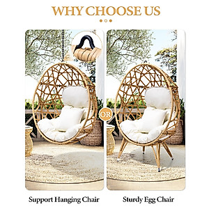 Crestlive Products Patio Wicker Egg Chair with Cushion and Pillow, Oversized Rattan Hanging Basket Lounge Chair with Legs, Teardrop Cuddle for Indoor Outdoor Bedroom Garden Deck Balcony (Beige)