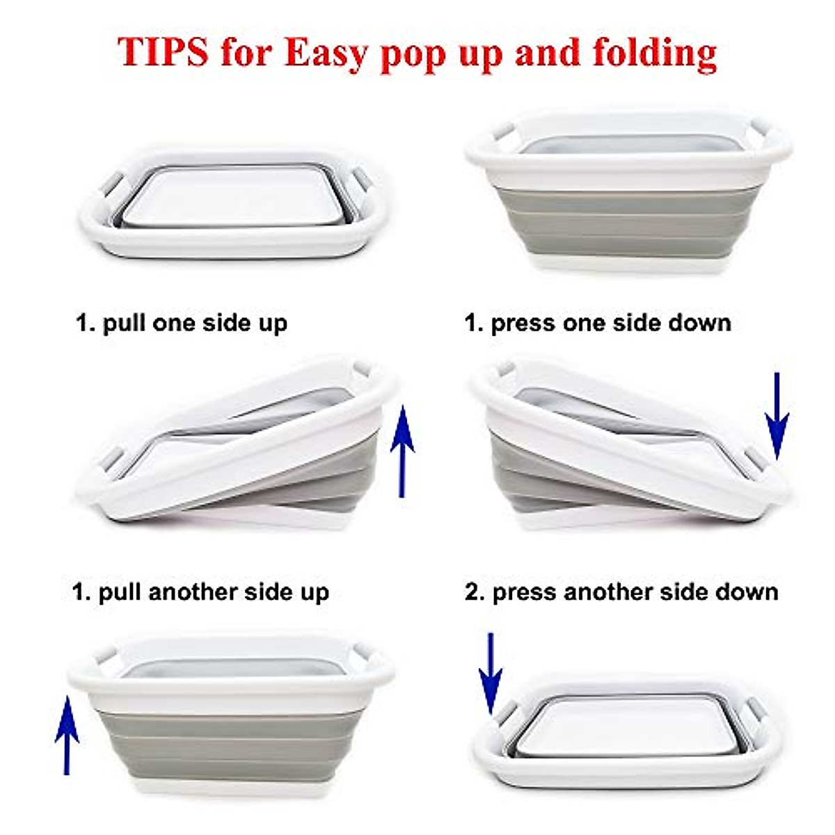 SAMMART 41L Set of 2 Collapsible Plastic Laundry Basket - Foldable Pop Up Storage Container/Organizer - Portable Washing Tub - Space Saving Hamper/Basket (2, White/Grey)