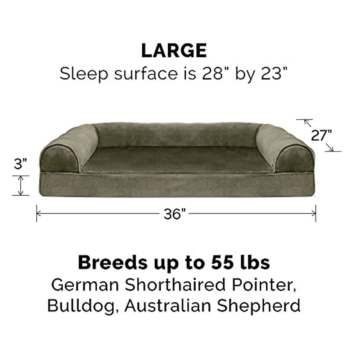 Furhaven Memory Foam Dog Bed for Large/Medium Dogs w/ Removable Bolsters & Washable Cover, For Dogs Up to 55 lbs - Faux Fur & Velvet Sofa - Dark Sage, Large