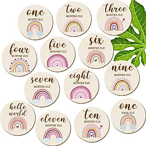 13 Pieces Baby Monthly Milestone Wooden Cards Boho Rainbow Double Sided Printed Milestone Discs Wood Gift Photo Prop Discs Sets Birth Announcement Sign for Baby Shower Newborn