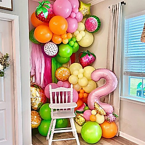 Fruit Balloon Garland Arch Kit Pink Rose Red Yellow Green Orange Balloons with Watermelon strawberry Pineapple Lemon Orange Foil Balloons for Twotti Fruity Party Decorations Sweet Birthday Party