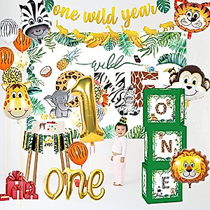NAIWOXI Wild One Birthday Decorations, Jungle Theme Party Supplies Include High Chair Banner, Wild One Backdrop, Balloon Box, Crown, Garland, Balloons, Topper, Animal Safari First Birthday Decorations