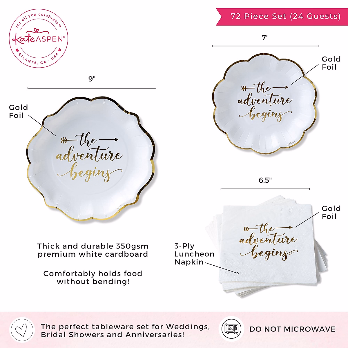 Kate Aspen The Adventure Begins 72 Piece Classic & Elegant Paper Party Tableware Set (24 Guests), Party Supplies, Wedding Decor for Bridal Showers, Engagements and Receptions