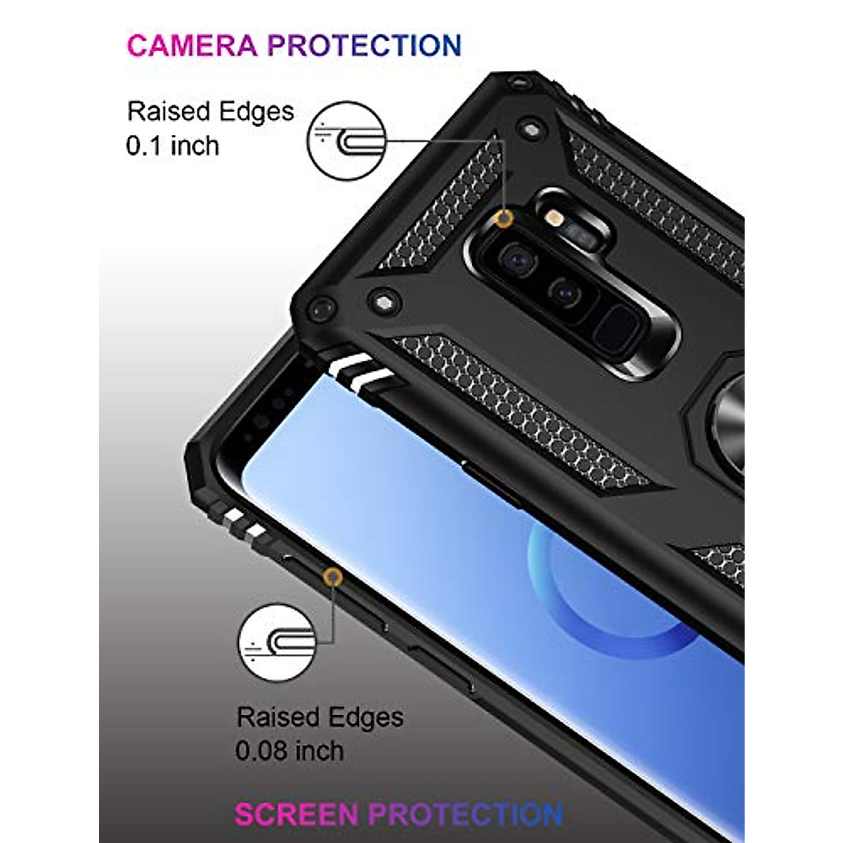 Galaxy S9 Plus Military Grade Case, 16ft Drop Tested, Magnetic Ring Kickstand, Car Mount Compatible, Slim Fit Protective Cover - Black