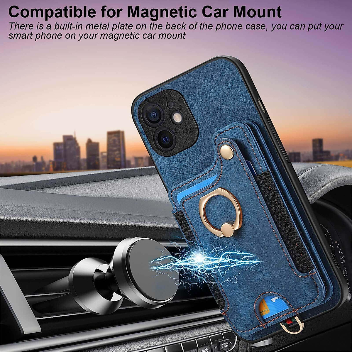 JanCalm for iPhone 12 Cases Wallet Card Holder 2023,Ring Holder Stand,RFID-Blocking,Wrist Strap,Camera Lens Protector,Leather Magnetic Protective Flip Cover for iPhone Case 12 (6.1", Blue)