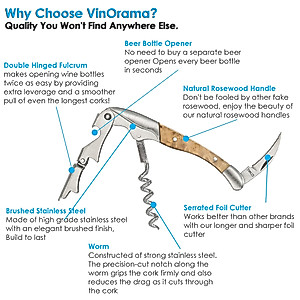 VinOrama Waiters Corkscrew Wine Opener Rosewood Handle 3-in-1 Beer Bottle Opener and Foil Cutter, The Best Choice of Professional Waiters and Bartenders Around the Globe